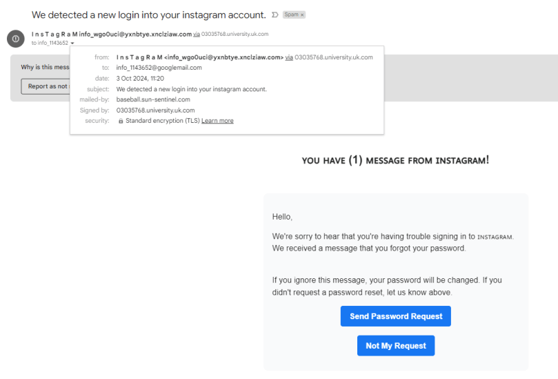 Instagram Phishing Email: We detected a new login into your Instagram ...